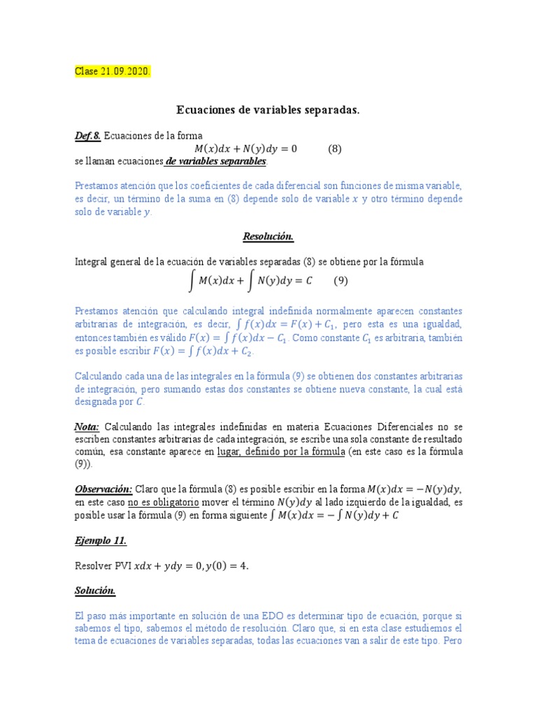 Clase 21 - 09 - 2020 Variables Separadas | PDF | Ecuaciones | Integral
