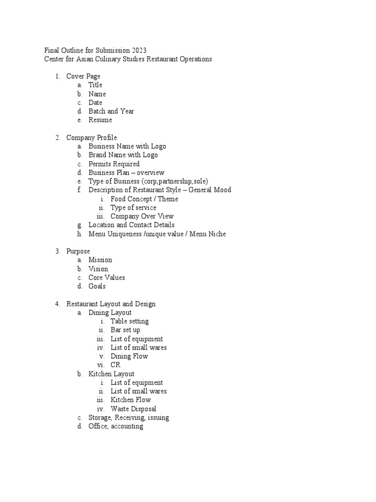 Final Outline For Submission | PDF | Restaurants | Menu