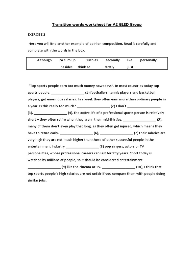Transition Words Exercise 2 For A2 Gled Group | PDF
