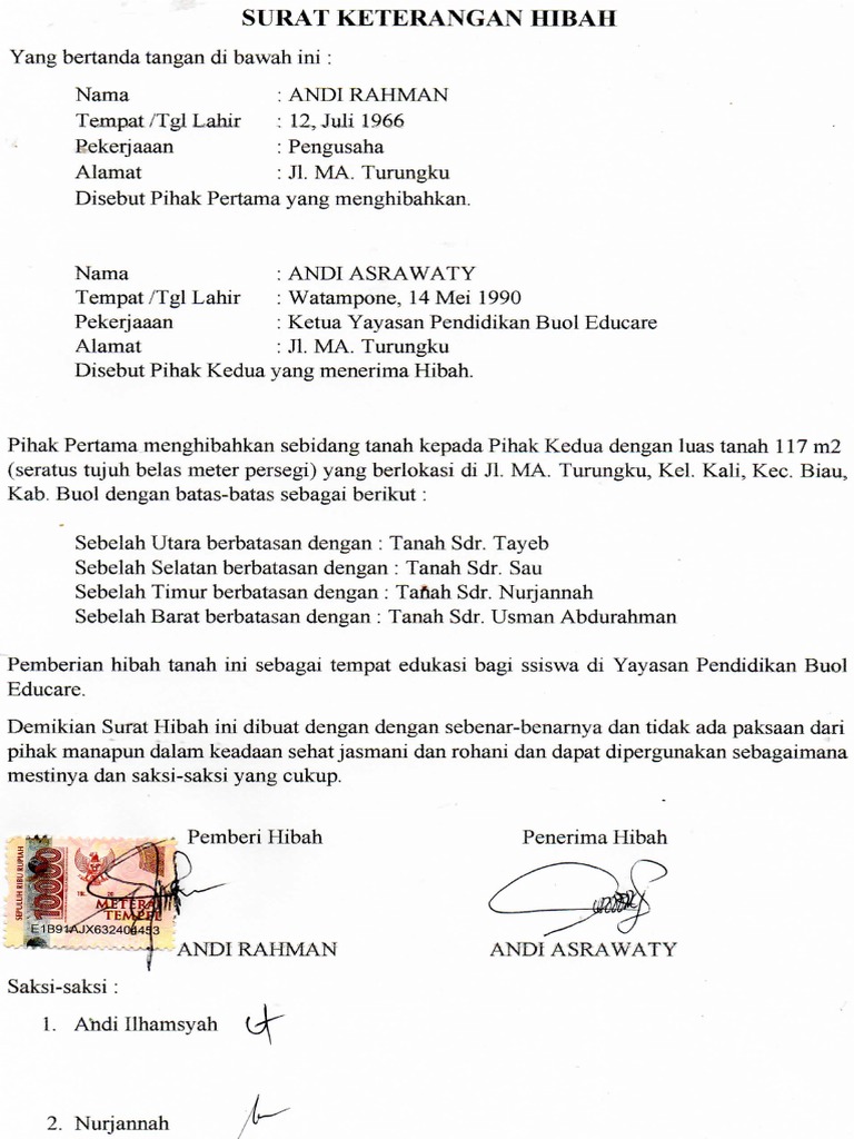 Surat Keterangan Hibah Tanah | PDF