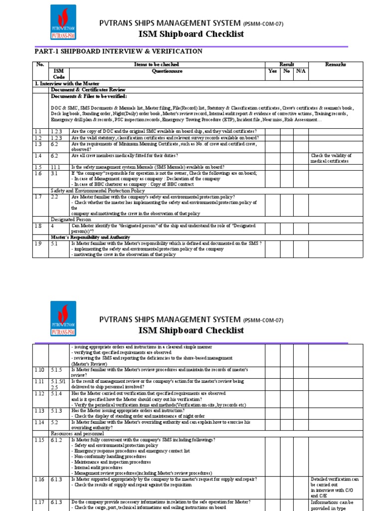 PSMM - COM-07 - ISM Shipboard Checklist | PDF | Navigation | Ships
