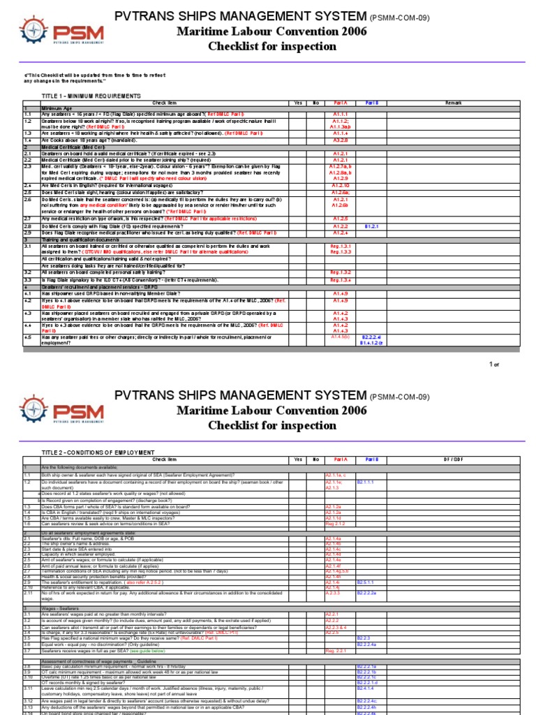 - "Maritime Labour Convention 2006 Checklist for Inspection: Ensuring ...