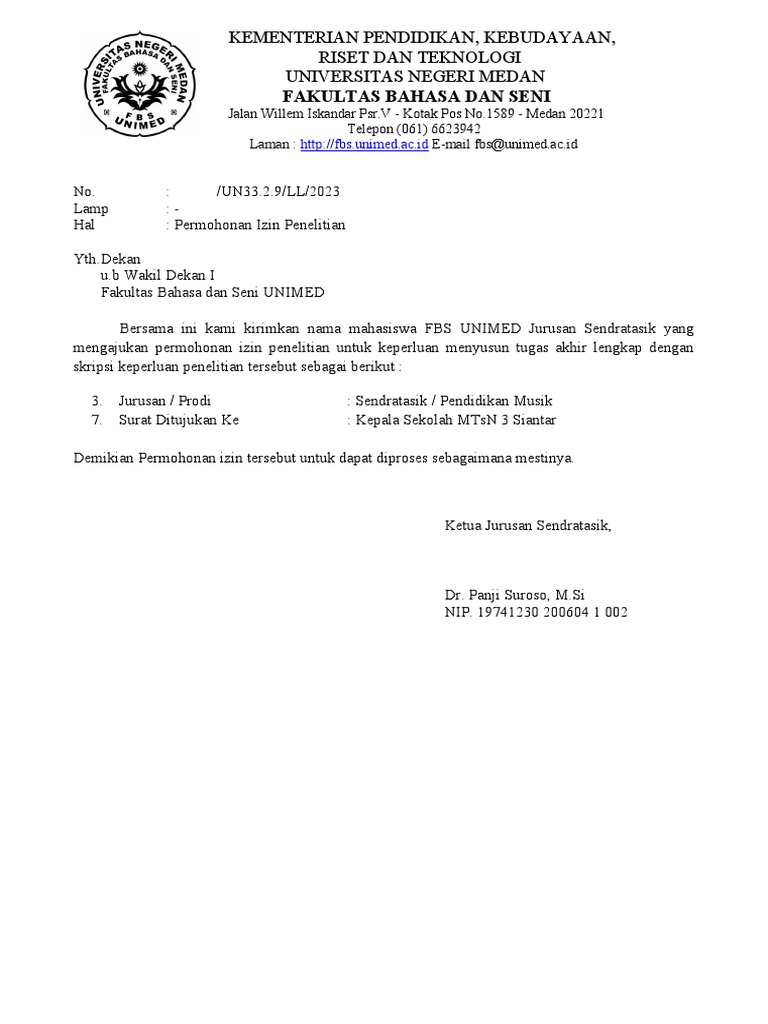 Permohonan Izin Penelitian FBS UNIMED | PDF