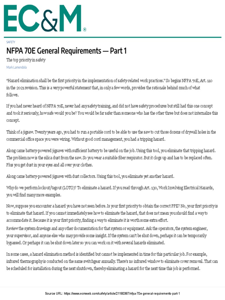 EC&M NFPA 70 E General Requirements | PDF | Safety | Occupational ...
