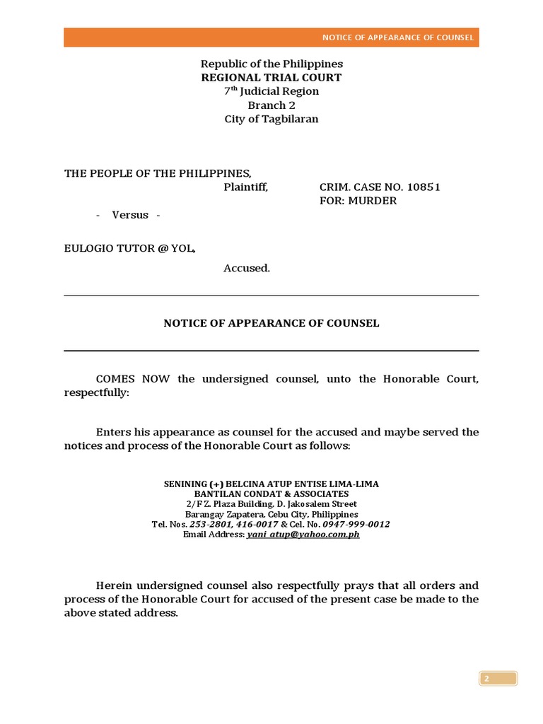 Notice of Counsel Appearance for Murder Case | PDF | Legal ...
