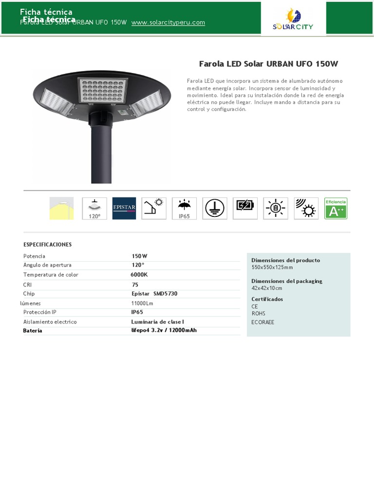 Ficha Tecnica Ufo Solar 150W - Solar City | PDF | Diodo emisor de luz | Luz de la calle
