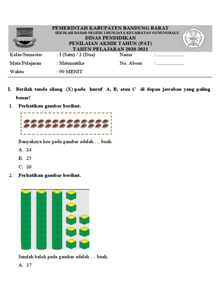 Kelas 1 Pat MTK Master Soal. | PDF