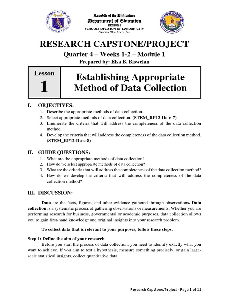 Research Capstone - Q4 - W1 2 - M1 - LDS - Establishing Appropriate Method of Data Collection ...