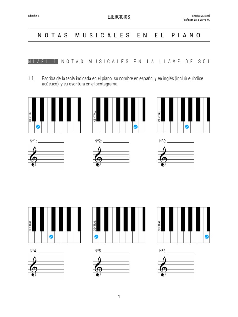 Notas Musicales en El Piano Ejercicios | PDF | Musicología | Notación musical