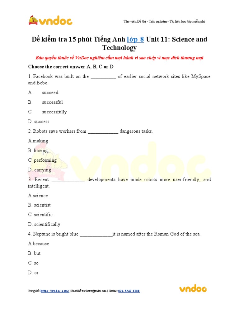 De Kiem Tra 15 Phut Tieng Anh Lop 8 Unit 11 Science and Technology | PDF