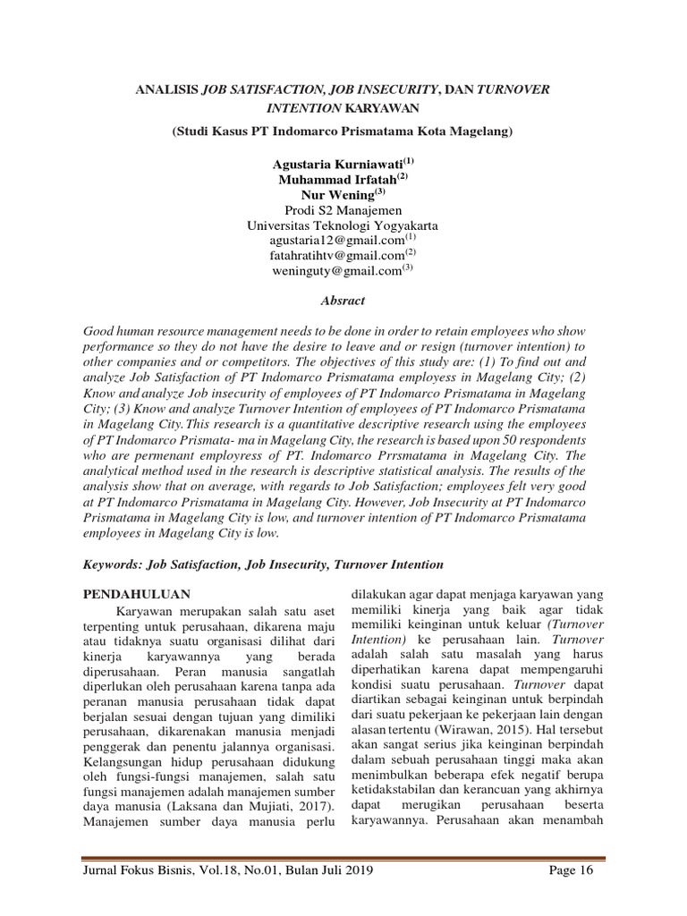 Analisis Job Satisfaction, Job Insecurity, Dan Turnover Intention Indomaret Kota Magelang | PDF