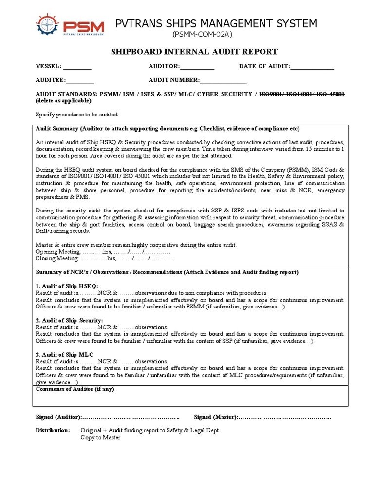 PSMM-COM-02A - Shipboard Internal Audit Report | PDF | Audit | Business