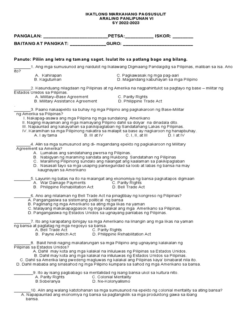 Pangalan: - Petsa: - Iskor: - Baitang at Pangkat: - Guro | PDF