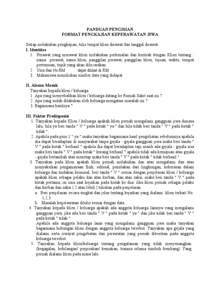 PANDUAN PENGISIAN Format Keperawatan Jiwa | PDF | Pengembangan Diri
