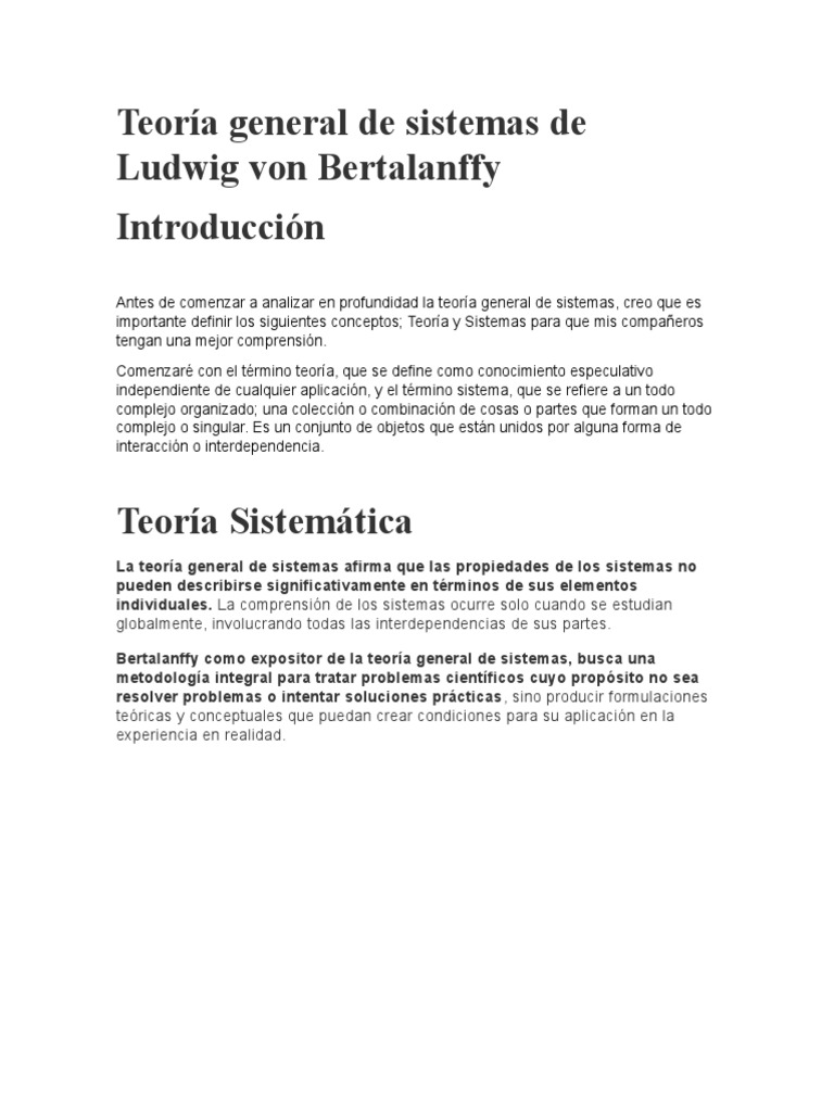 Teoría General de Sistemas de Ludwig Von Bertalanffy Introducción | PDF | Teoría de sistemas ...