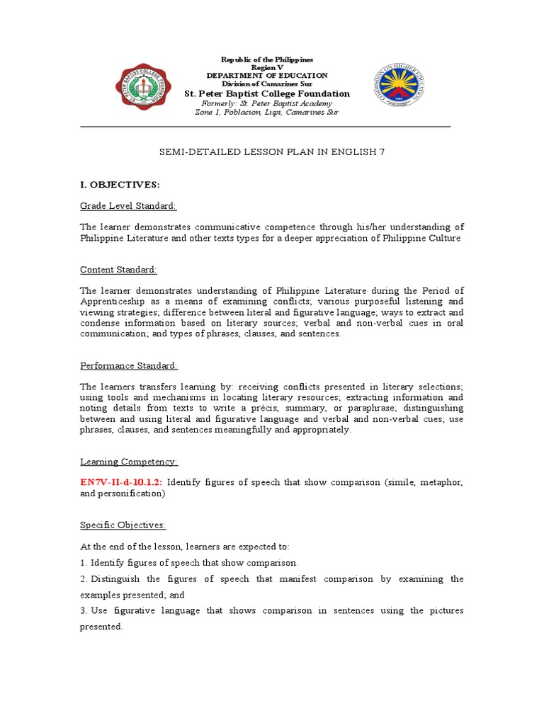 Lesson Plan English 7 | PDF | Metaphor | Learning