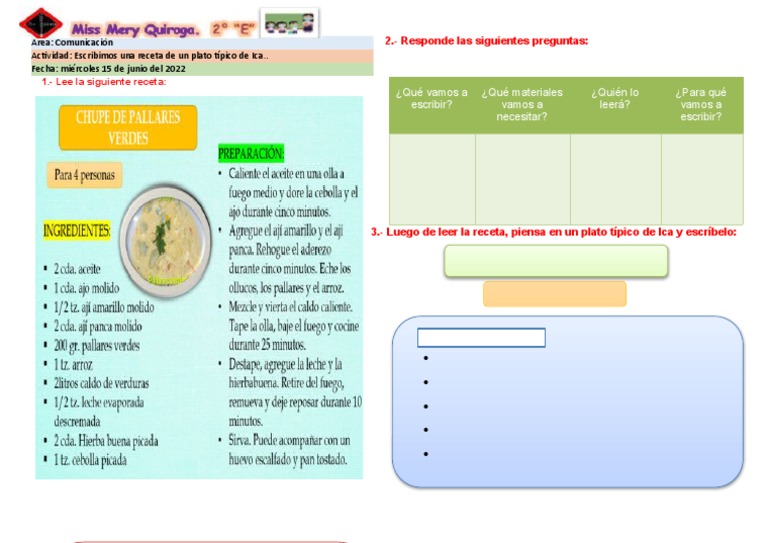 FICHA 2 - Escribimos Una Receta | PDF