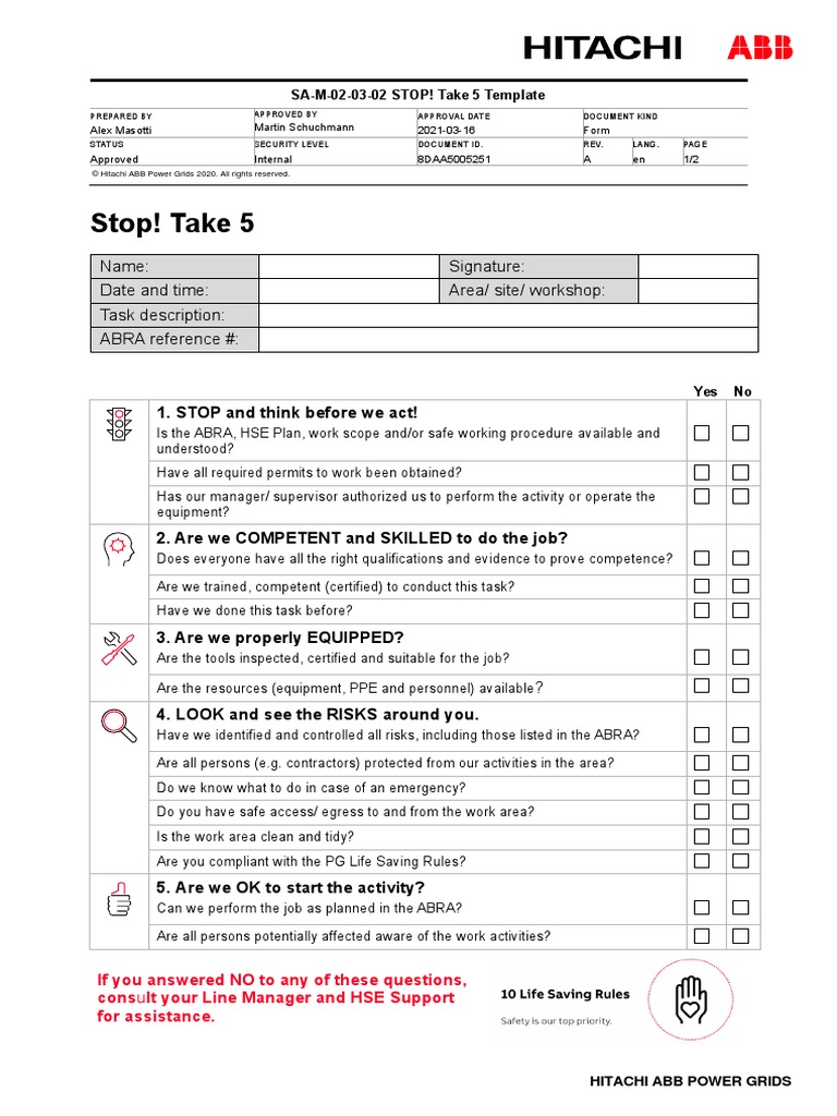 Stop! Take 5: Name: Signature: Date and Time: Area/ Site/ Workshop ...