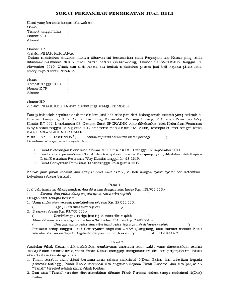 Surat Perjanjian Pengikatan Jual Beli Tanah Kavling | PDF