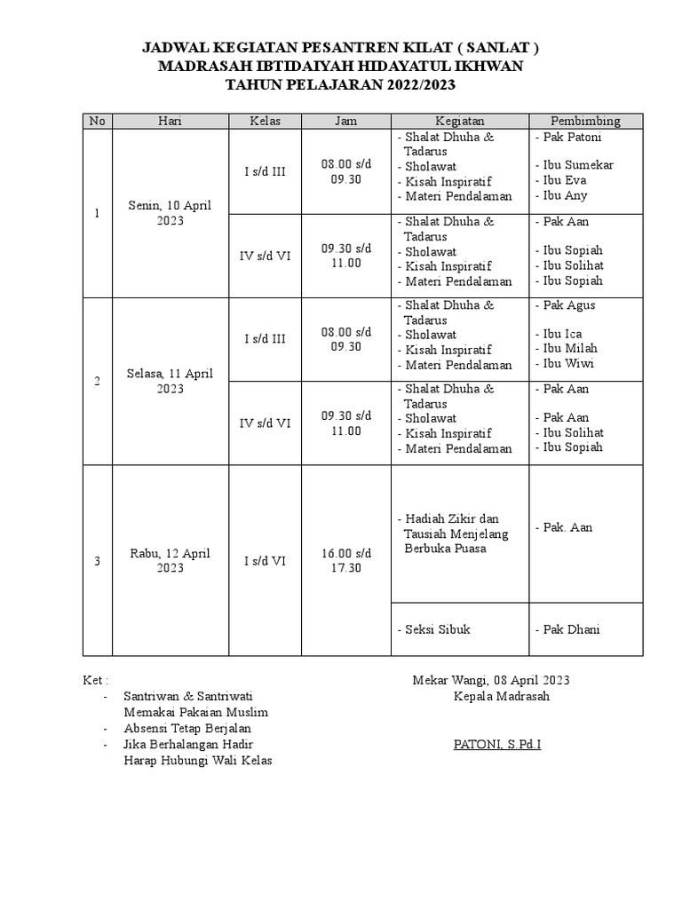 Jadwal Kegiatan Pesantren Kilat | PDF