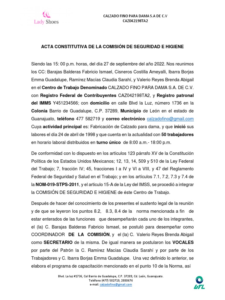 ACTA CONSTITUTIVA DE LA COMISISÓN DE SEGURIDAD E HIGIENE (Corregida) | PDF