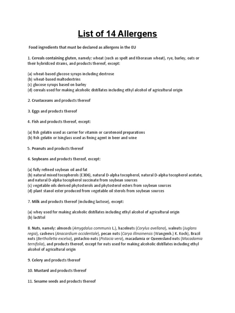 List of 14 Allergens | PDF