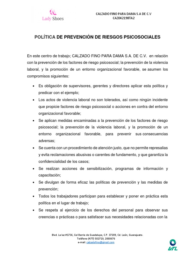 POLÍTICA DE PREVENCIÓN DE RIESGOS PSICOSOCIALES | PDF | Violencia POLÍTICA DE PREVENCIÓN DE RIESGOS PSICOSOCIALES | PDF | Violencia