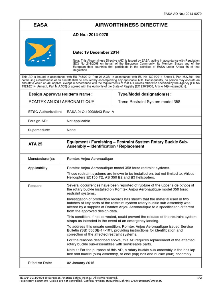 Easa Ad 2014-0279 1 | PDF | Aviation