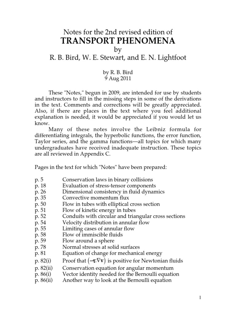 Transport Phenomena: Notes For The 2nd Revised Edition of by R. B. Bird ...