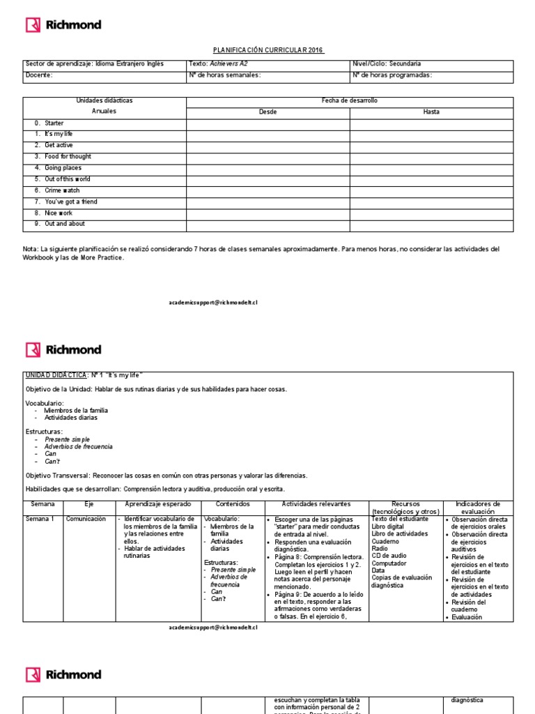 Achievers A2 Planificación | PDF | Evaluación | Radiodifusión