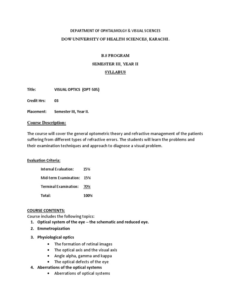 Visual Optics Outline | PDF | Optics | Visual System