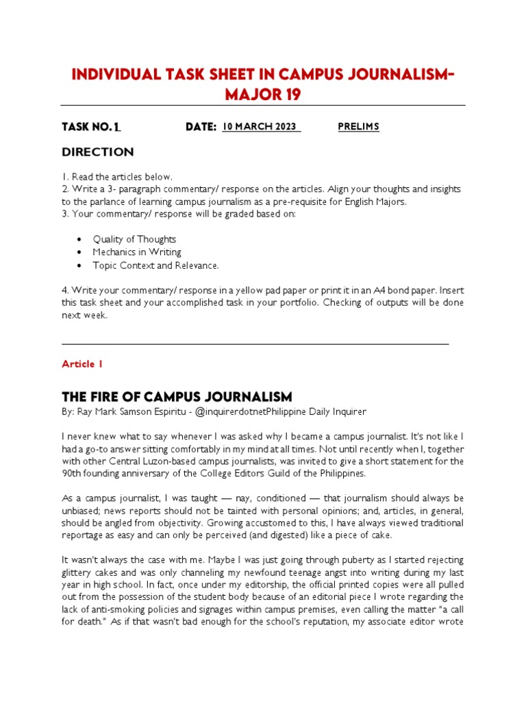 Task Sheet No. 1 in Campus Journalism | PDF | Journalism | Rodrigo Duterte