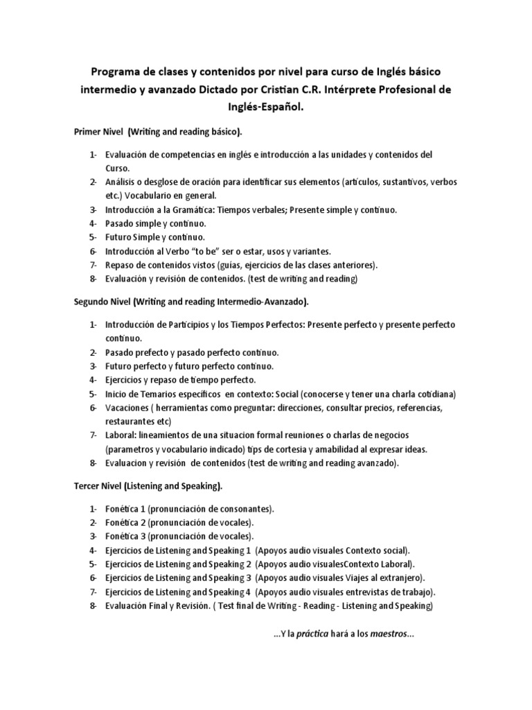 Programa de Clases y Contenidos Curso Intensivo de Inglés CC | PDF