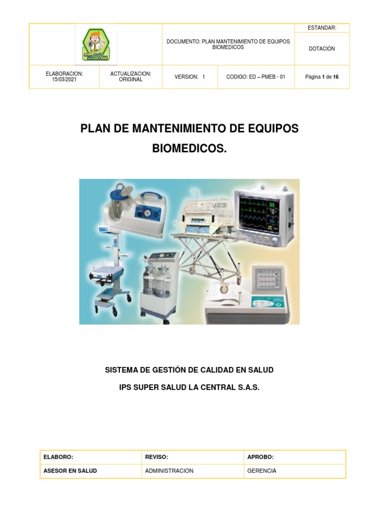 Plan de Mantenimiento de Equipos Biomedicos.: Sistema de Gestión de Calidad en Salud Ips Super ...