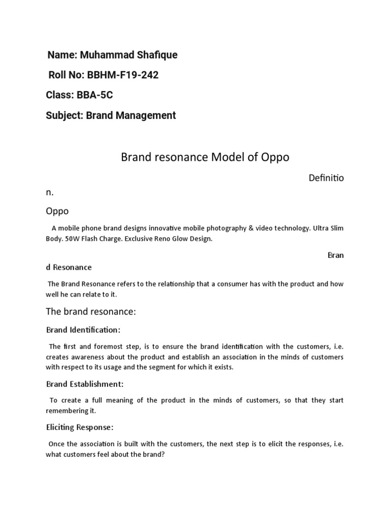 Brand Resonance Model of Oppo: Name: Muhammad Shafique Roll No: BBHM ...