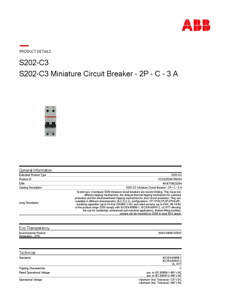 S202-C3 Miniature Circuit Breaker - 2P - C - 3 A: Product-Details | Download Free PDF ...