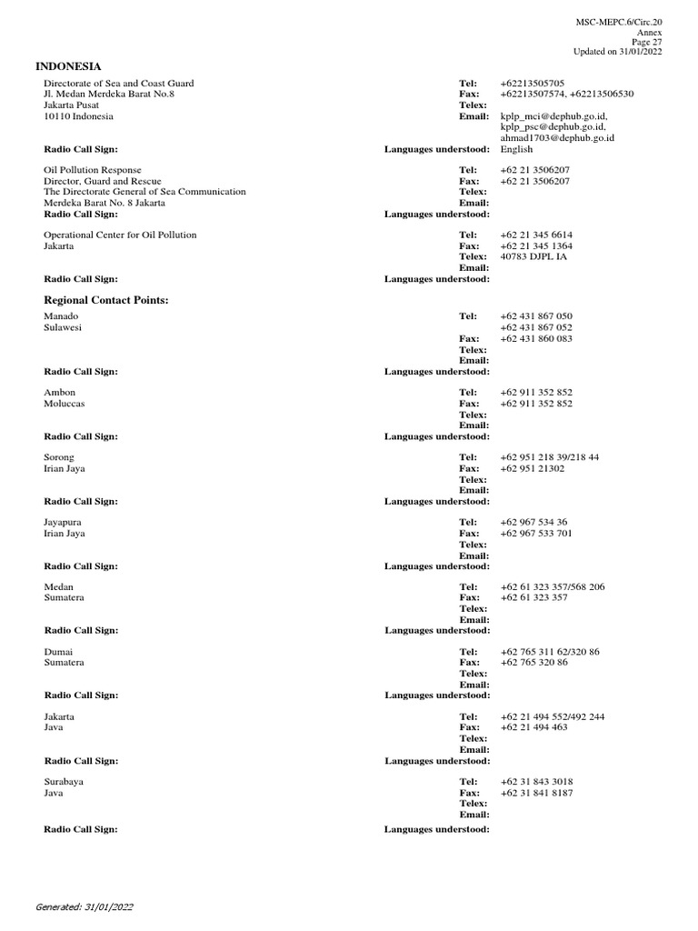 SOPEP Emergency Contact List Indonesia 1-22 | PDF | Information And ...
