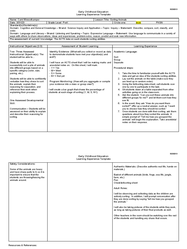 Animal Sorting Lesson Plan | PDF | Learning | Early Childhood Education