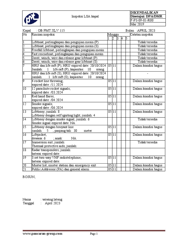 F-P3-09-01-R00 Inspeksi LSA Kapal OB | PDF