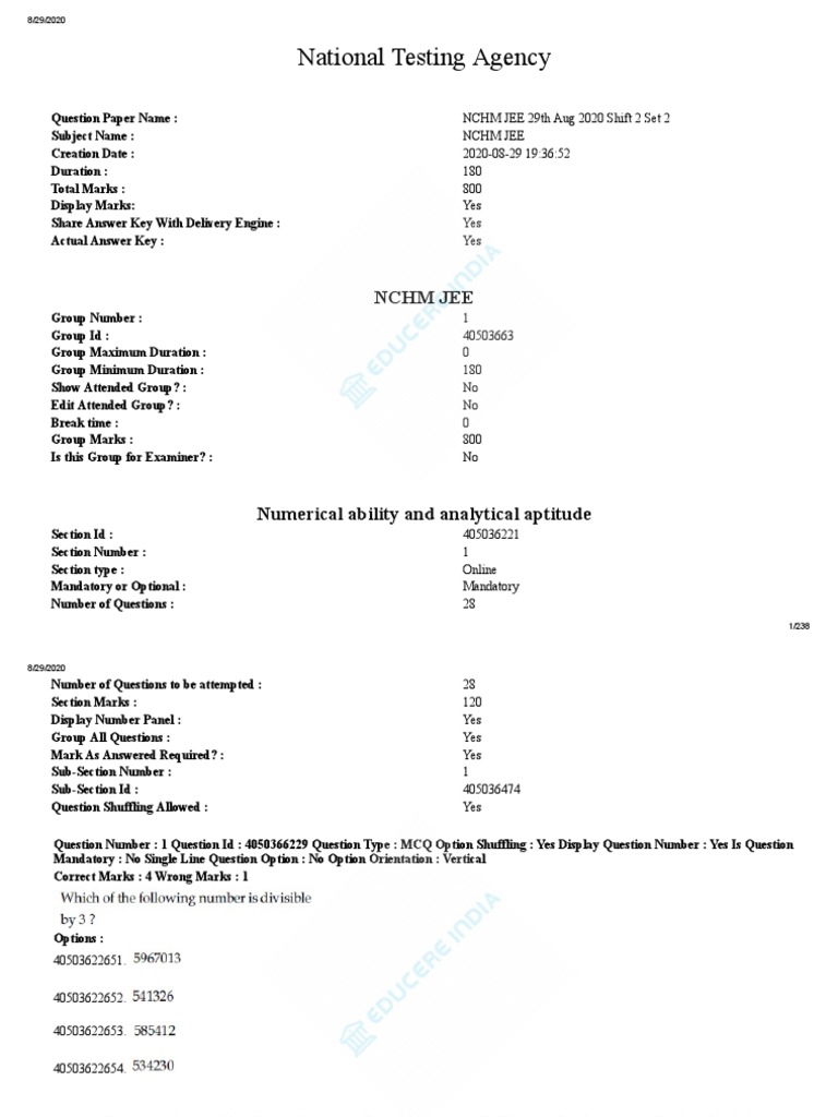 NCHM JEE 2020 Shift 2 Exam Paper | PDF | Multiple Choice | Science