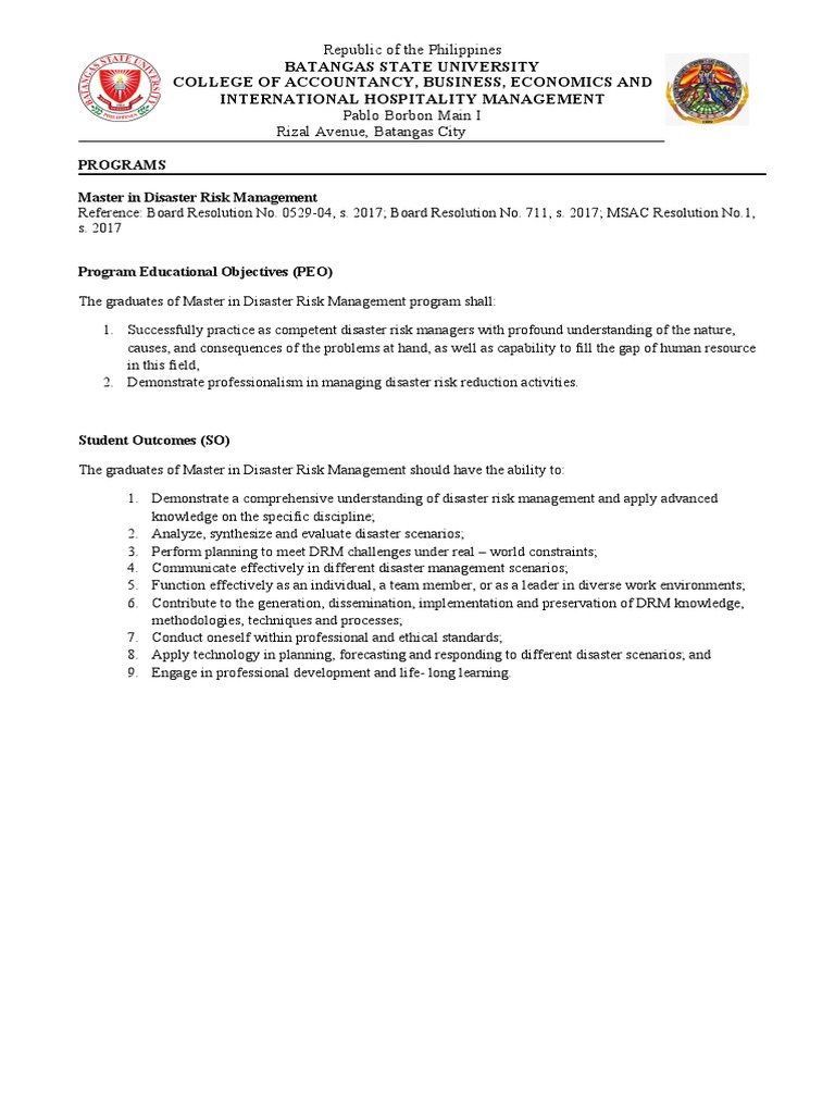 Master in Disaster Risk Management at Batangas State University | PDF ...