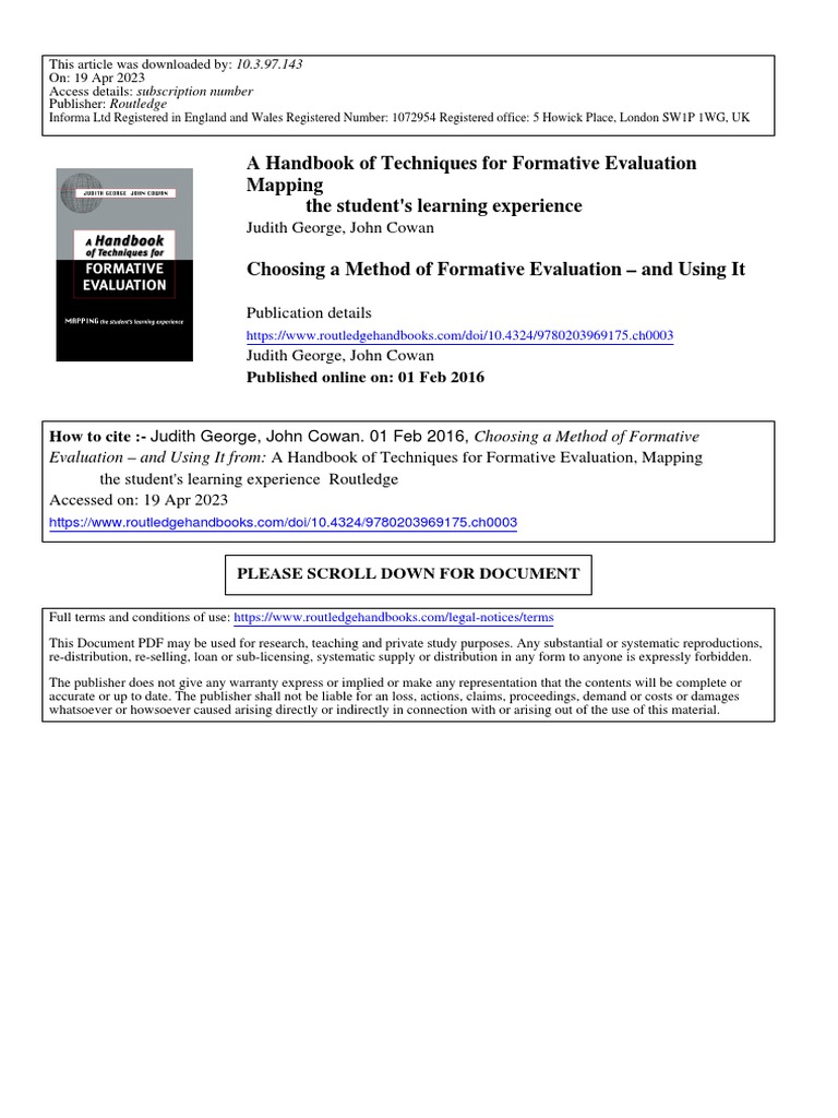A Handbook of Techniques For Formative Evaluation Mapping The Student's Learning Experience ...