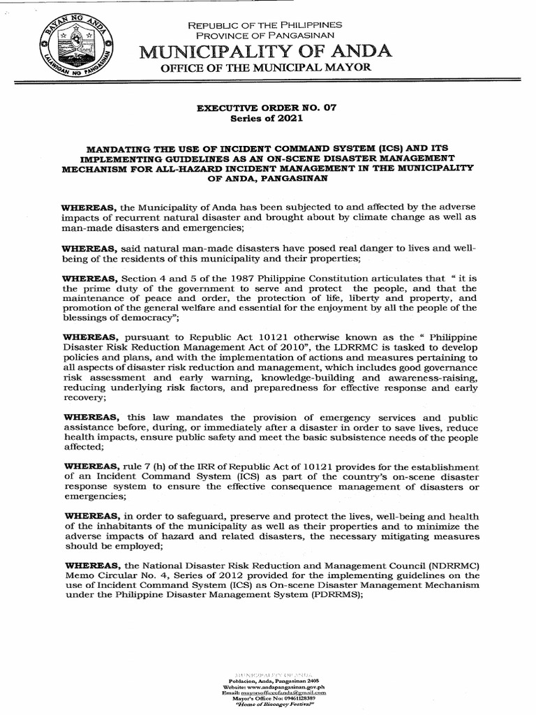 2021 Eo 0007 Mandating The Use of Incident Command System Ics and Its ...