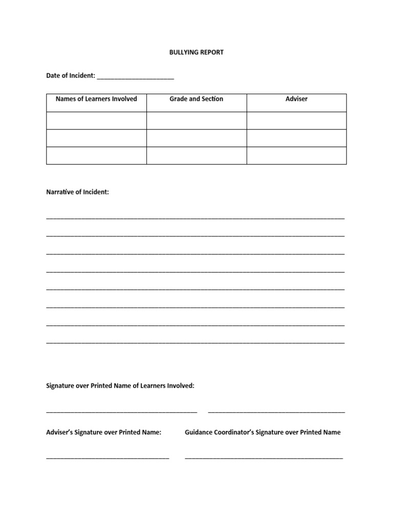 Bullying Incident Report Template | PDF | Finance & Money Management