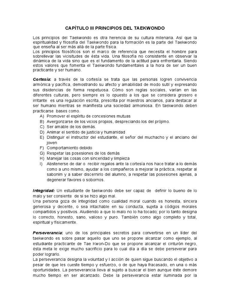 Principios, Del Taekwondo | PDF | Taekwondo | Virtud