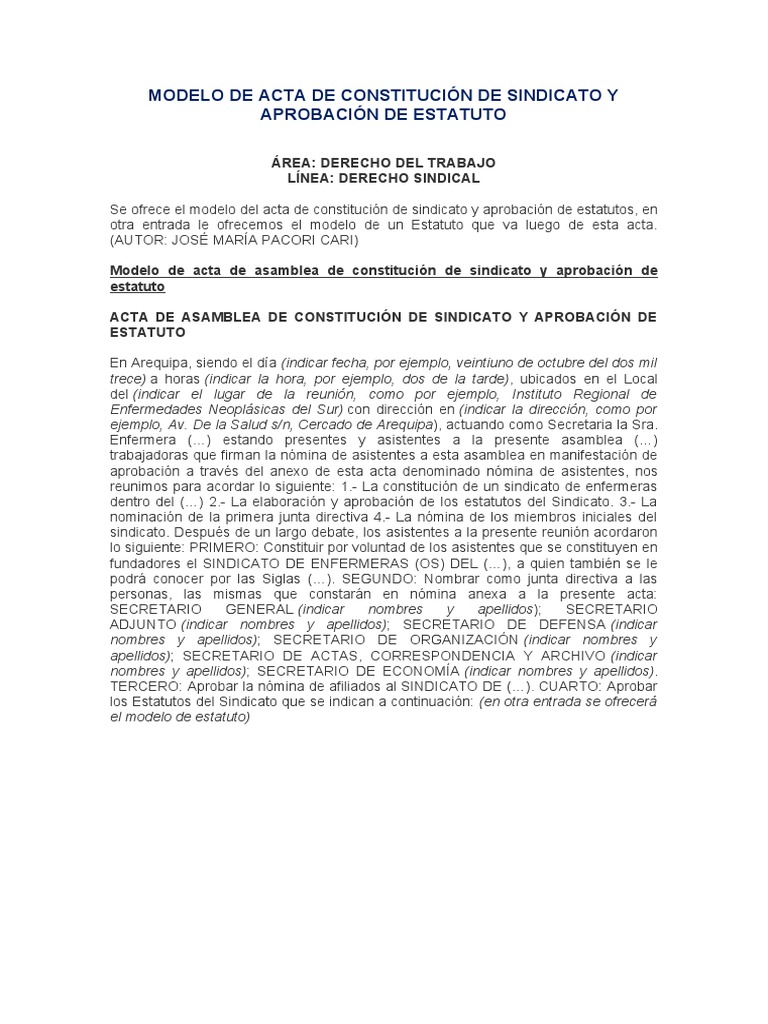 9 - Modelo de Acta de Constitución de Sindicato y Aprobación de Estatuto | PDF