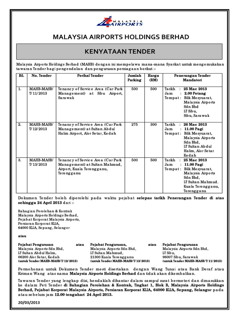 Malaysia Airports Holdings Berhad Kenyataan Tender | PDF