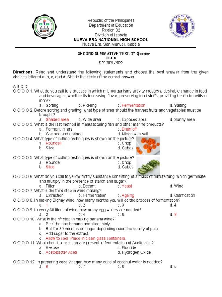 Tle 8 Second Quarter Second Summative Test | PDF | Pickling | Fermentation