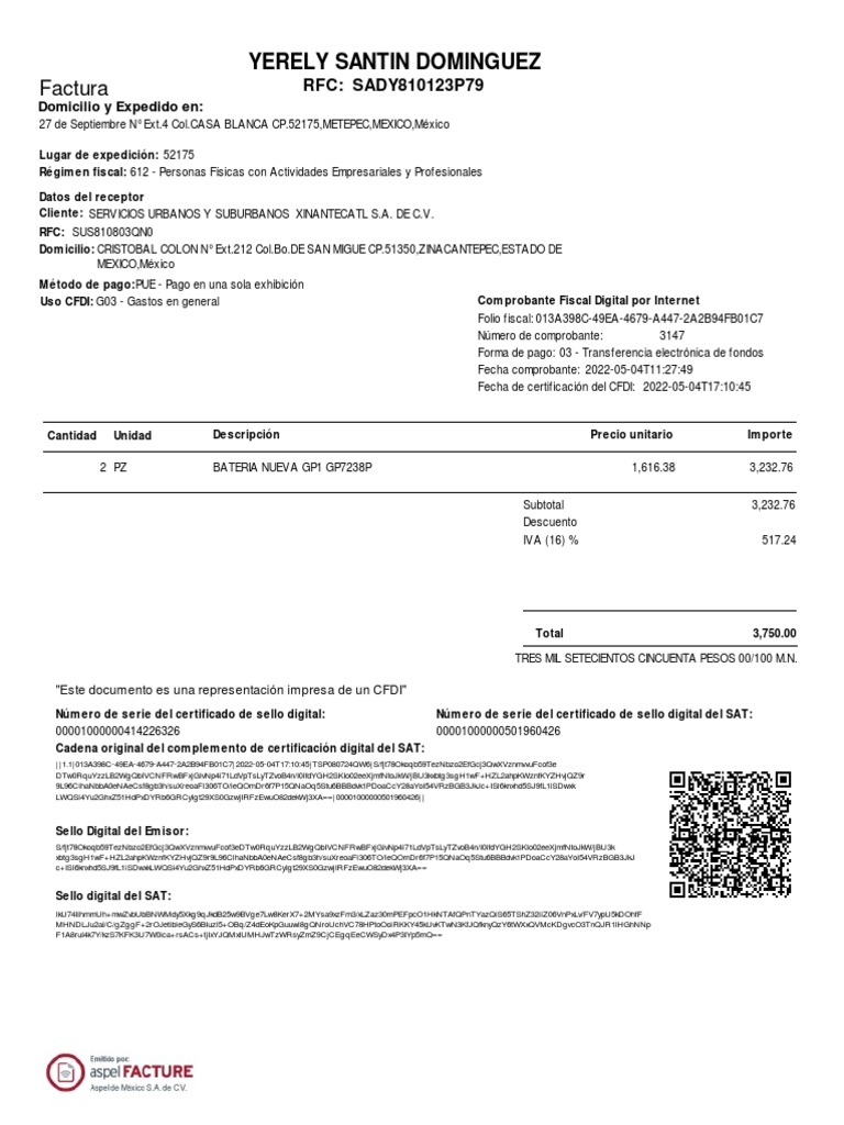 Yerely Santin Dominguez: Factura | PDF