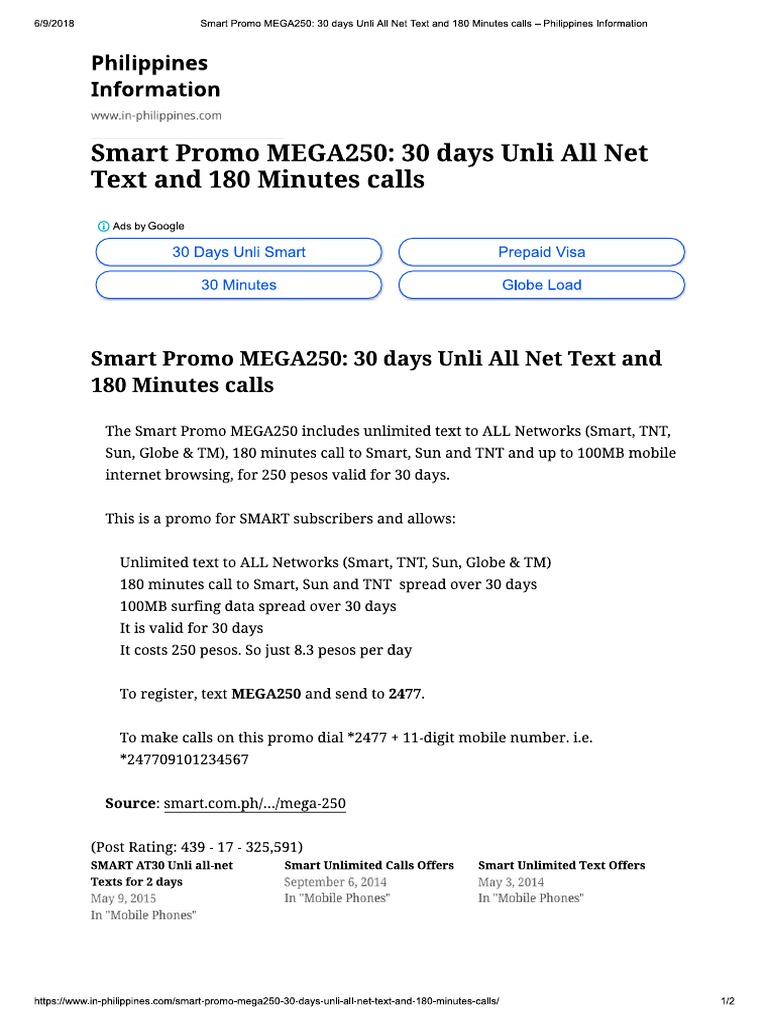 Smart Promo MEGA250 - 30 Days Unli All N... Inutes Calls - Philippines ...